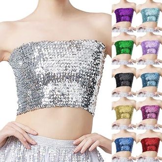 Generic Haut court sans manches pour femme - Haut tube scintillant pour femme, coupe ajustée, soutien-gorge bandeau extensible à paillettes, couleur unie, cam