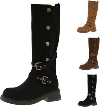 Generic Bottes hautes pour femme - Coupe large - En cuir de veau synth&eacute;tique - Antid&eacute;rapantes - Bout rond - Avec boutons lat&eacute;raux et boucles - Tendance - Poly