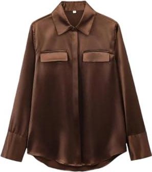 Generic Chemise d&eacute;contract&eacute;e &agrave; manches longues en satin de soie pour femme, marron, L