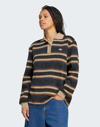 adidas Originals gestreiftes Strick-Polooberteil in Schwarz