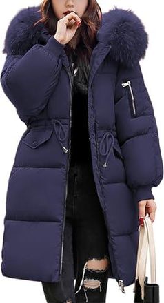Generic Veste dhiver mi-longue matelass&eacute;e &eacute;paisse et chaude en fausse fourrure &agrave; capuche pour femme, bleu marine, M