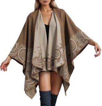 Generic Poncho Femme Hiver Chaud Chale Femme Hiver Chaud Cape Femme Effet enveloppant Cape Ouverte Devant Frange Classique Amovible Voyage Temps Frais
