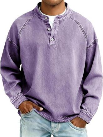 Generic Chemise de couleur d&eacute;lav&eacute;e boutonn&eacute;e &agrave; col en V pour homme, printemps automne r&eacute;tro vieilli d&eacute;lav&eacute; &agrave; lacide &agrave; manches longues d&eacute;contract&eacute;, violet, 3XL