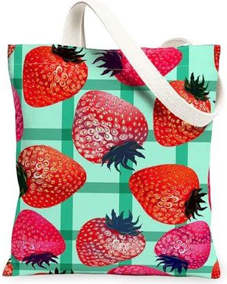Generic Sacs fourre-tout en toile &agrave; motif fraise, respectueux de lenvironnement, sac d&eacute;picerie r&eacute;utilisable, design frais d&eacute;t&eacute;, l&eacute;ger, lavable, &eacute;paule S, Roug