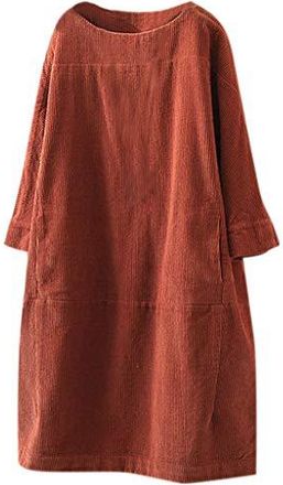 Generic Robe d&eacute;t&eacute; pour femme 2025 avec poches en velours c&ocirc;tel&eacute; de couleur unie &agrave; manches longues, robe midi d&eacute;contract&eacute;e pour femmes, A-orange, L