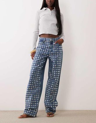 Mango Circle - Gerade geschnittene Jeans aus 100% Baumwolle in Mittelblau mit Scheibendetails