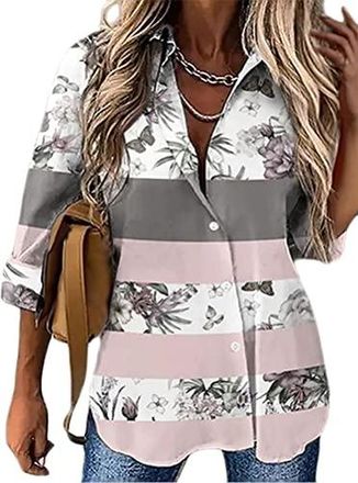 Onsoyours Chemisier Femme Col V Floral Imprimé Blouse Élégant Haut Manches Longues Boutons Tunique Ample Fluide Eté Plage T-Shirt Femme Tops Décontracté D Rose 