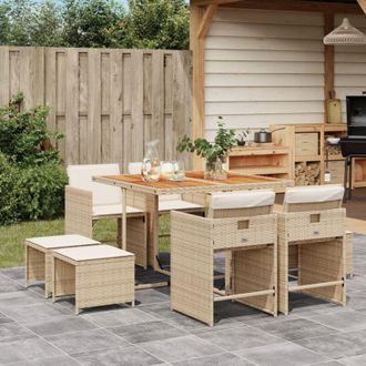 vidaXL 9-tlg. Garten-Essgruppe mit Kissen Beige Poly Rattan - Vidaxl