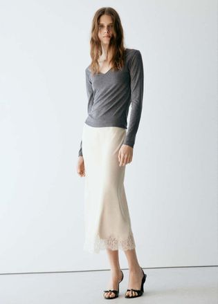 Mango T-shirt ajust&eacute; &agrave; col en V gris chin&eacute; fonc&eacute; - Femme - XXS - MANGO