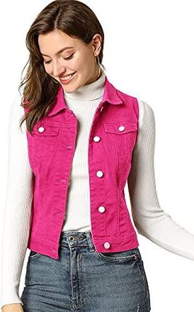 Allegra K Gilet en Denim Délavé Boutonné Femme Veste en Jean sans Manches avec Poches à Rabat Fuchsia 3XL