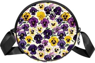 Generic Sac &agrave; bandouli&egrave;re circulaire pour femme, motif fleurs de pens&eacute;es, petit sac &agrave; bandouli&egrave;re avec fermeture &eacute;clair, bretelles r&eacute;glables, sac &agrave; main rond 