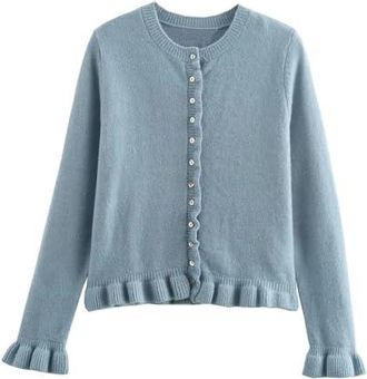 Generic Cardigan Femme &agrave; Boutons Volants, Manches Ballon Ouvert Devant Uni, Pull D&eacute;contract&eacute; pour Automne Hiver(Blue,L)