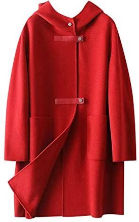 Generic Manteau long à capuche en laine boutonnée à revers pour femme 2026, Rouge, XXL