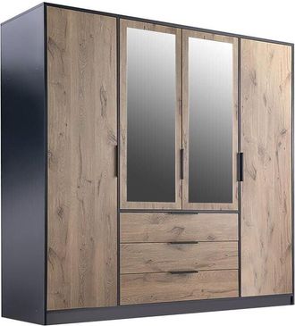 Vente-Unique Vente-unique - Armoire 4 portes et 3 tiroirs - Avec miroirs - L196 cm - Coloris : Naturel et noir - lamiki