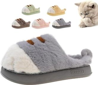 Generic Pantoufles dhiver amusantes en peluche 3D en forme de patte de chat avec semelle en caoutchouc antidérapante pour lintérieur et lextérieur, Gris (B), 