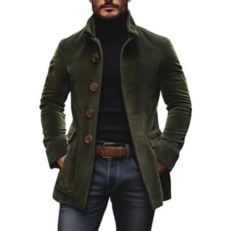 Generic Manteau dhiver en velours c&ocirc;tel&eacute; pour homme, manteau r&eacute;tro en velours c&ocirc;tel&eacute;, veste longue avec col montant et boutonni&egrave;re &agrave; une rang&eacute;e pour les loisi