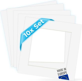 Photolini Passepartout 15x15 aussen für 10x10 innen, 10x säurefrei 1,5 mm Passepartout Karton Reinweiß, alterungsbeständige Schrägschnitt - Passepartouts, Präse