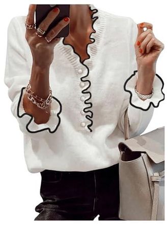 Generic Pull en tricot &agrave; manches longues et col en V pour femme avec boutons, couche de base en m&eacute;lange de coton, Styles 5, XXL