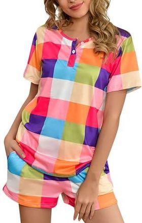 Generic Pyjama moelleux pour femme, v&ecirc;tements de nuit doux, v&ecirc;tements de d&eacute;tente pour femmes, imprim&eacute; &agrave; carreaux, col rond, boutons, t-shirt, short, ensemble 