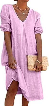 ORANDESIGNE Robe Femme Lin Ete Manche Courte Robe Tunique Chic Col V Fluide Décontractée Ample Couleur Unie T-Shirt Robe Midi De Plage A Rose M