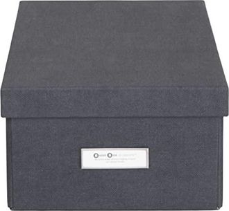 Bigso Box of Sweden BIGSO KARIN kleine Aufbewahrungsbox mit Deckel - stabiler Organizer aus Faserplatte und Papier in Leinenoptik - praktische Faltbox mit Etikettenrahmen