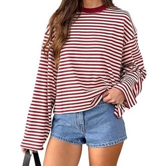 Generic Chemise ray&eacute;e &agrave; manches longues pour femme Y2K surdimensionn&eacute;e col rond vintage automne-hiver &eacute;paules tombantes mignon pull preppy, t-shirts, Rouge, X