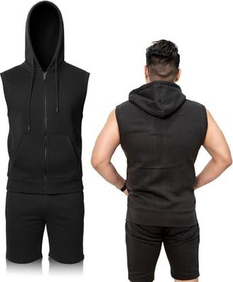 Noroze Ensemble sweat &agrave; capuche et short pour homme sans manches avec poches zipp&eacute;es - Noir - Medium