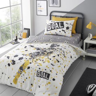 Bedding Bedlam - Goldgelbes Fu&szlig;ball-Bettw&auml;sche-Set - Einzelbett (200 x 140 cm) - wendbar (2 Designs) - Fu&szlig;ball-Motiv - 1 x Bettbezug, 1 x Kissenbezug