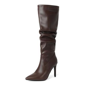 Generic Bottes montantes &agrave; bout pointu et &agrave; talon aiguille pour femme - Chaussures dhiver &agrave; enfiler - Veau large, marron, 39.5 EU