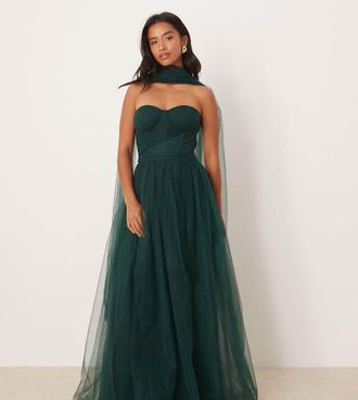 Lace & Beads Petite Robe corset longue en tulle avec foulard - Vert for&ecirc;t
