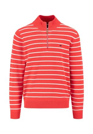 Fynch-Hatton Strickpullover aus Baumwolle mit Troyer Kragen und Streifen Poppy red/XL