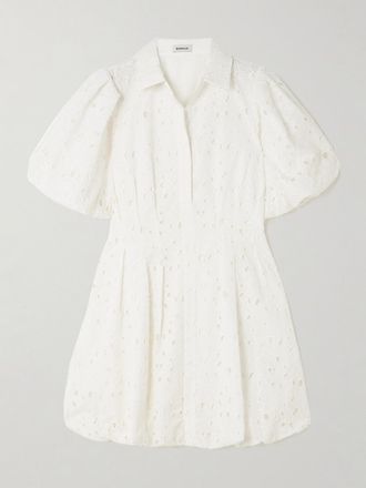 SIMKHAI Cleo Mini-hemdblusenkleid Aus Baumwolle Mit Lochstickerei Und Falten - Wei&szlig;