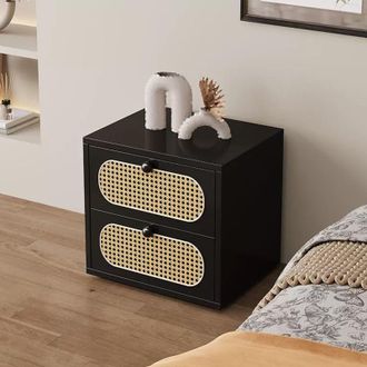 Generic Nachttische, Bauernhaus-Nachttische mit glatten Schienen und handgeflochtenem Rattan, Massivholz for Schlafzimmer, Sofa, TV-Schrank