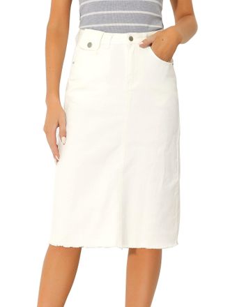 Allegra K Freizeit-Jeansrock f&uuml;r Damen, hohe Taille, mit Schlitz hinten, Stretch-Jeansrock, Weiss/opulenter Garten, X-Gro&szlig;