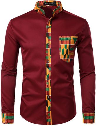 PARKLEES Herren African Tribal Grafik Patchwork Design Slim Fit Langarm Freizeithemd Party Shirt f&uuml;r M&auml;nner PZZCL46 Weinrot XXL