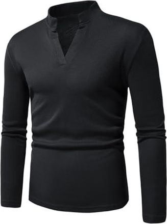 Generic Pull &agrave; col en V pour homme - Col roul&eacute; - L&eacute;ger et respirant - Manches longues - Haut confortable pour printemps et automne, Noir, XXL
