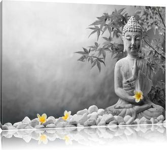 Pixxprint Buddha mit Monoi Blüte in der Hand B&W, Größe: 100x70cm, Leinwandbild, fertig gespannt, Wandbild, Dekoration, Kunstdruck, kein Poster
