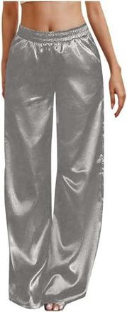 Generic Pantalon blanc pour femme - Grandes tailles - Satin - Pantalon de pyjama - Jambe large - Pantalon de jogging - Taille &eacute;lastique - Pantalon de sport d&eacute;