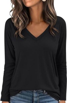 Minetom Femme Col V T-Shirt &Agrave; Manches Longues Chic &Eacute;l&eacute;gant L&acirc;che Haut D&eacute;contract&eacute; Tee Shirt Tunique Basic Top Tshirt A Noir M