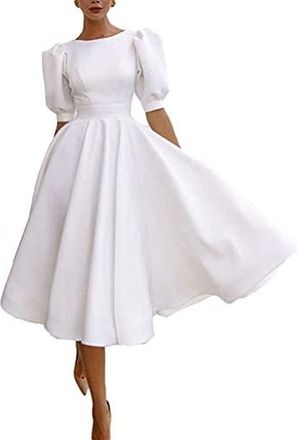 Minetom Robe de Soir&eacute;e Cocktail Swing Vintage &Eacute;l&eacute;gante Pliss&eacute; Manches Courtes Bal Mariage Rockabilly Midi Robe A Blanc S