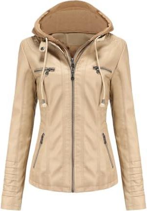 Generic Veste bomber courte en similicuir pour femme avec capuche amovible, grande taille, abricot, 3XL