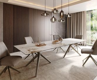 DELIFE Esstisch Edge 300x100 Keramik Minas Melange Wei&szlig;-Beige Estelar rund Metall Effektfinish Titan, Esstische