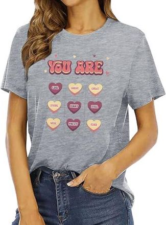 Generic T-shirt d&eacute;contract&eacute; &agrave; manches courtes pour femme Motif Saint-Valentin 2026, gris, XXL