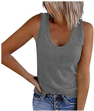 Generic D&eacute;bardeur en coton c&ocirc;tel&eacute; pour femme, d&eacute;bardeur basique &agrave; col en U, sans manches, coupe ample, l&eacute;ger, doux et confortable, d&eacute;bardeur d&eacute;t&eacute; habill&eacute;, gri