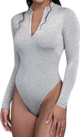 Generic Femmes et Hiver Bas Body Manches Longues Fermeture Éclair Combinaison Noire Femme (Gris, M), gris, M