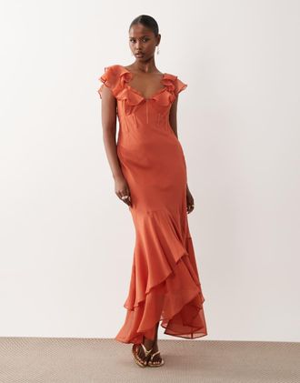 Asos Robe longue &agrave; manches volant&eacute;es et ourlet plongeant - Terracotta-Marron