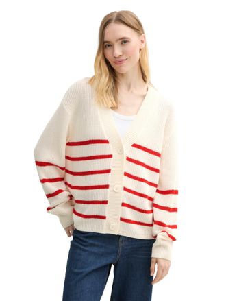 Tom Tailor Damen 1043311 Basic Strickjacke mit Knöpfen, 37390-Placed White Red Stripe, XL