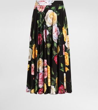 Dolce & Gabbana Longuette-tellerrock Aus Charmeuse Pfingstrosen- Und Rosenprint - Frau Röcke Drucken 38