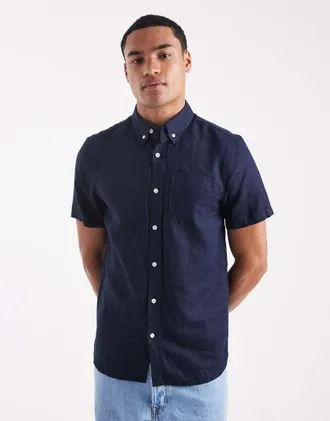 Superdry Chemise &agrave; manches courtes en lin et coton - Bleu marine