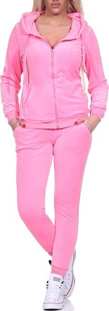 Jela London Damen Nicki Hausanzug Jogginganzug Velour Samt Jogging Freizeit Hose Kapuzen Jacke, Neon Rosa, 36-38 (M)